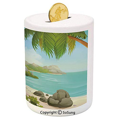 SoSung Tropical Decor Ceramic Piggy Bank,Exotic Beach with Coconut Palm ...