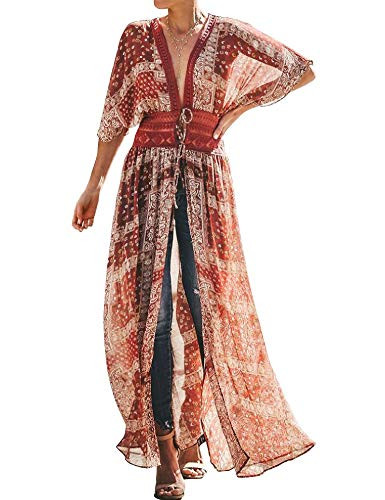 FANCYINN Womens Long Floral Chiffon Kimono Sheer Cover Up Boho Bohemian ...