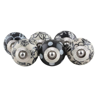 Indian Shelf Pack of 6 White and Black Drawer Pulls- Ceramic Cabinet ...