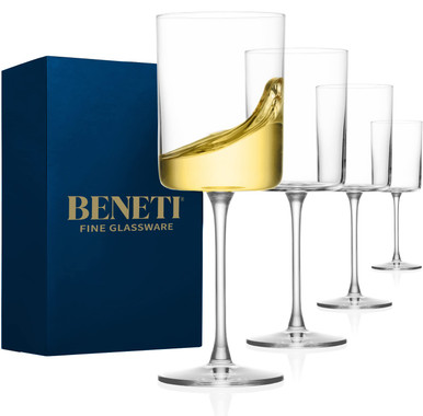 BENETI Large Square Wine Glass Set of 4-11 Oz European-Made Hand Blown ...