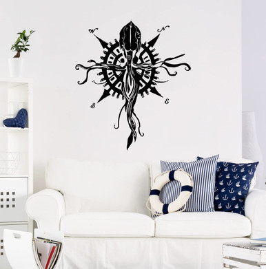 Vinyl Wall Decal Squid Octopus Ocean Sea Fish Compass Marine Style ...