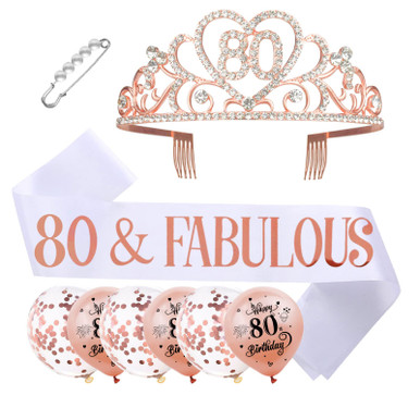 SKJIAYEE 80th Birthday Tiara and Sash Kit - White 80 & FABULOUS Birthday Sashes and Rose Gold ...