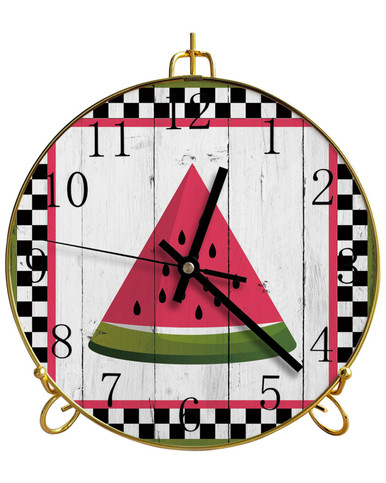 LaBLUUX Table Clock, Summer Watermelons Rustic Wood Grain White Checked ...