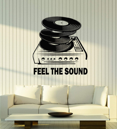 Vinyl Wall Decal Feel The Sound Phrase Vintage Record Retro Music ...