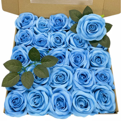 DSforG 25PCS Light Blue Flowers Silk Rose Artificial Flowers Real Touch ...