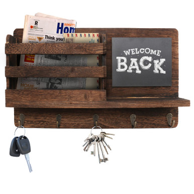 SWALLOW BRAND Mail Organizer Wall Mount with 4 Key Hooks, Rustic Wooden ...