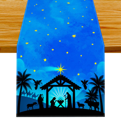 Linen Blue Christmas Nativity Scene Table Runner Holy Night Decor Birth ...
