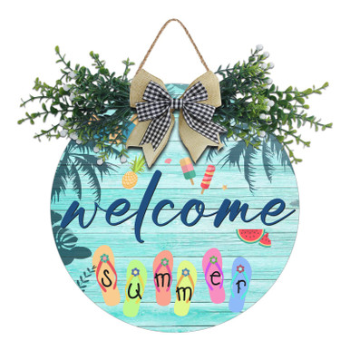 Summer Flip Flop Welcome Sign 12 Inches Round Wooden Hanging Sign ...