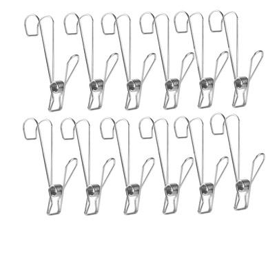 12 Pack 304 Stainless Steel Metal Hanging Clip with Hooks, Clothes Pins ...