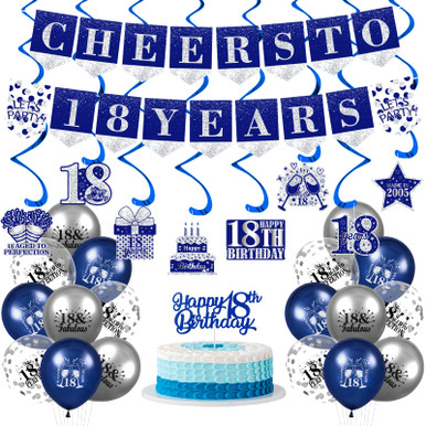 Blue Silver 18th Birthday Decoration Blue 18th Birthday Banner Hanging ...