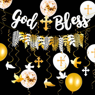 White and Gold Cross God Bless Party Decorations Dove Hanging Swirl ...