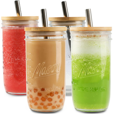 MASON 4 Pack Reusable Boba Tea Cups, Glass Jars 24oz Wide Mouth ...