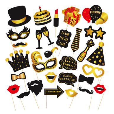 30 pcs Birthday Photo Booth Props Kit, DIY Funny Black and Gold Happy ...