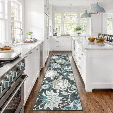 Beeiva Floral Runner Rugs with Rubber Backing, 2x8 Blue Modern Plant ...