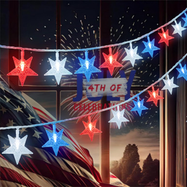 4th of July Decor Red White Blue Stars String Lights, 15 FT 30 LED ...