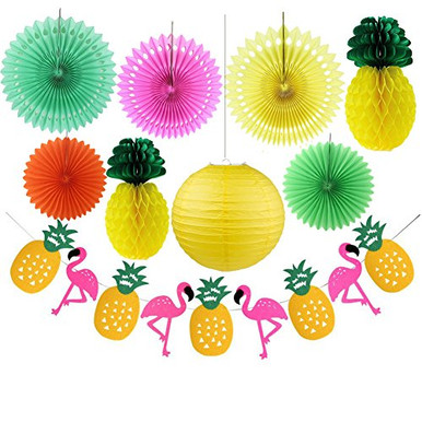 Summer Party Pack of 9 Kit Paper Fans Pineapple Balls and Flamingos ...