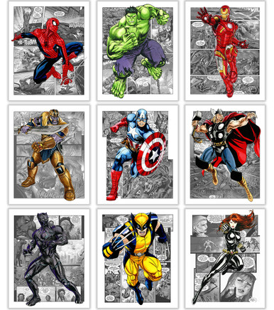 EOM ART & DESIGN Superhero Posters for Boys Room - 8x10 Inches Set of 9 ...