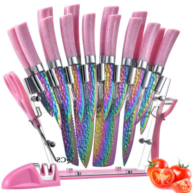 Kitchen Knife Set 18 Pcs Non Stick Sharp Pink Color Knives Set with ...