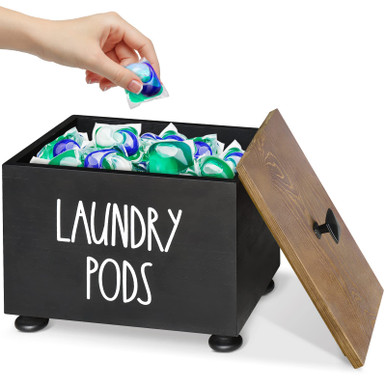 Rustic Wood Laundry Pods Holder Container with Lid for Laundry Room ...
