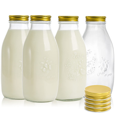ZOOFOX 4 Pack 32 oz Glass Milk Bottles with 8 Metal Screw On Lids ...