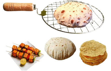 Steel Roasting Roti Jali Wooden Handle with Tong and Pincer Set Roaster ...