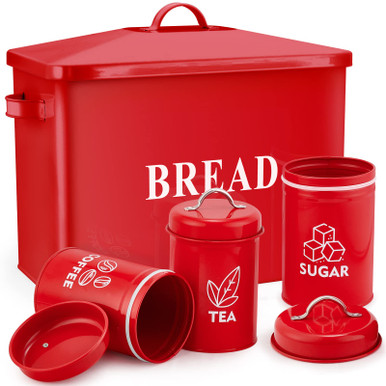 E-far Red Bread Box with Canister Sets for Kitchen Countertop, Metal ...