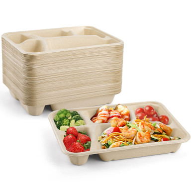 Elsjoy 50 Pack 5-Compartment Disposable Plates, 11" x 8" Compostable ...