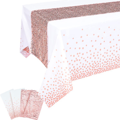 4 Pieces Rose Gold Tablecloth Sequin Table Runner Set, White and Rose Gold Party Decorations ...