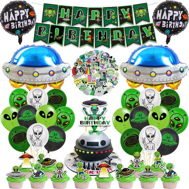 Green Alien Theme Happy Birthday Party Supplies Include Outer Space ...