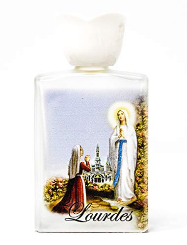 Lourdes Holy Water in a Square Glass Bottle with White Rose Top & Lourdes Prayer Card ...