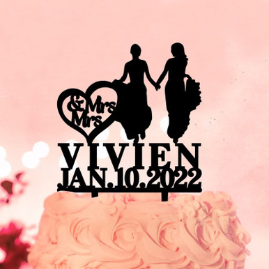 Lesbian Cake Topper Custom Surname & Wedding Date Silhouette Two Brides ...