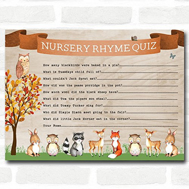 Woodland Animal Neutral Baby Shower Games Nursery Rhyme Quiz Cards ...
