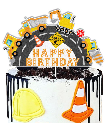 Construction Vehicles Cake Toppers Truck Road Sign Birthday Decoration ...