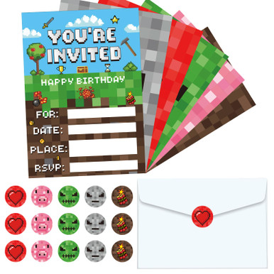 30 Sets Pixel Party Invitations with Envelopes Sticker Video Game ...