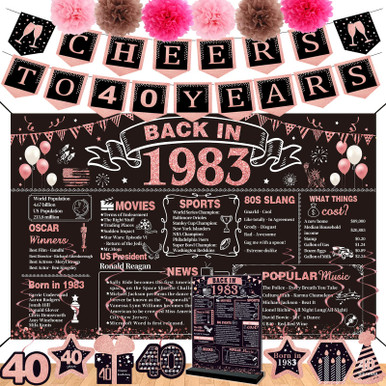 40th Birthday Decorations for Women,16PCS Back in 1983 Banner 40 Year ...