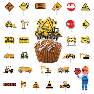 VARACL 29PCS Construction Cupcake Toppers, Stop Sign Dump Truck ...