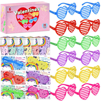 36 Pack Valentines Day Cards with Heart Shaped Glasses for Kids ...