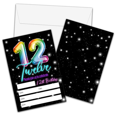 12th Birthday Invitations with Envelopes - Rainbow Balloon Birthday ...