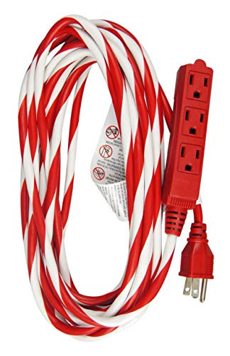 25-Foot Candy Cane Striped Extension Cord with 3 Grounded Outlets, Red ...
