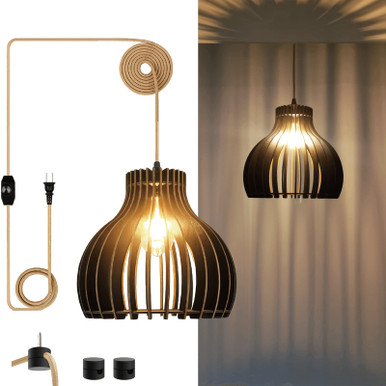 FINNCHY Hanging Lights with Plug in Cord, Wood Black Pendant Light ...