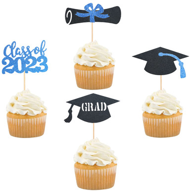 24Pcs 2023 Graduation Cupcake Toppers Blue Glitter Class of 2023 Grad ...