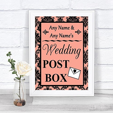 Coral Black Damask Post Box Personalized Wedding Sign - Warehousesoverstock