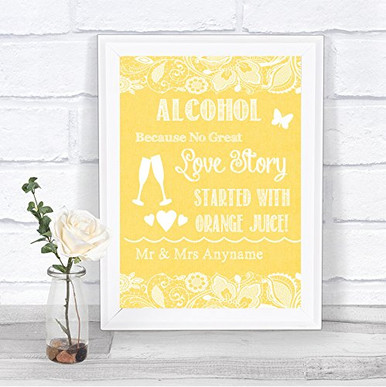 Yellow Burlap & Lace Effect Alcohol Bar Love Story Personalized Wedding ...