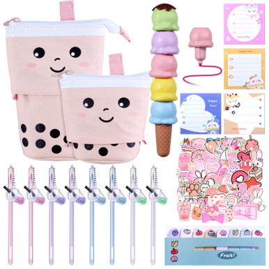 65 Pcs Kawaii Stationary Set Include Telescopic Boba Pencil Pouch Case ...
