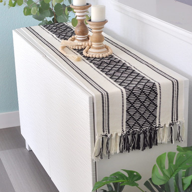 Boho Short Coffee Table Runner with Tassels 14 x 48 Inches, Black ...