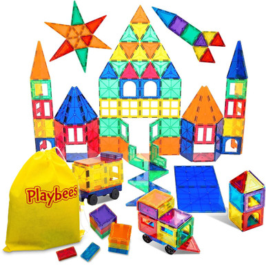Playbees 100 Piece Magnetic Building Tiles Set, Clear Vivid Colors and ...