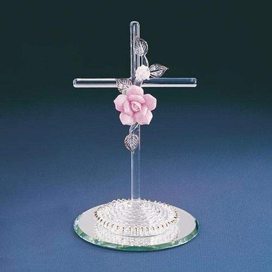 Glass Baron ~ Cross with Pink Rose Vine Glass Figurine Religious Gift ...