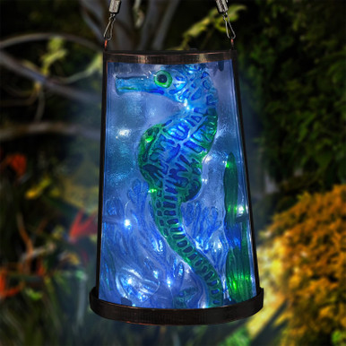 SUBOLO Hanging Solar Lantern Outdoor Garden Metal Glass Crab & Seahorse ...