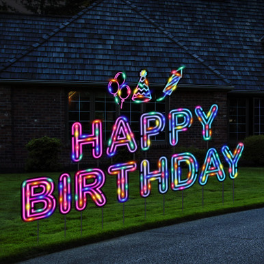 16 Pieces Happy Birthday Yard Signs with Stakes and LED String Lights ...