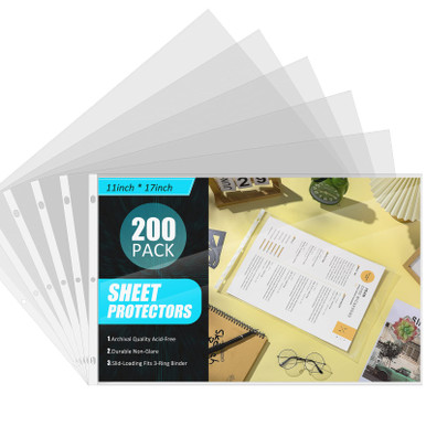 200 Pack Sheet Protectors 11 x 17 Inch 3 Hole Clear Heavy Duty Page ...